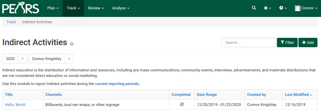 Create an Indirect Activity – PEARS Support Documentation