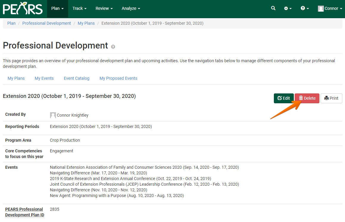 Delete a Professional Development Plan – PEARS Support Documentation