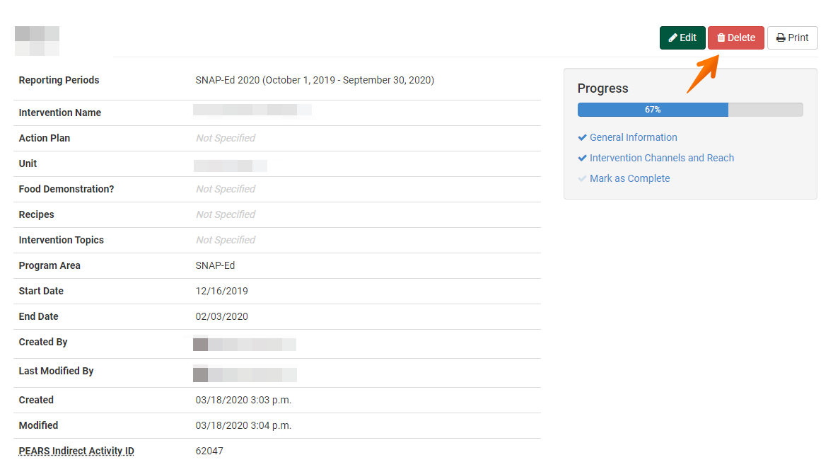 Delete an Indirect Activity – PEARS Support Documentation