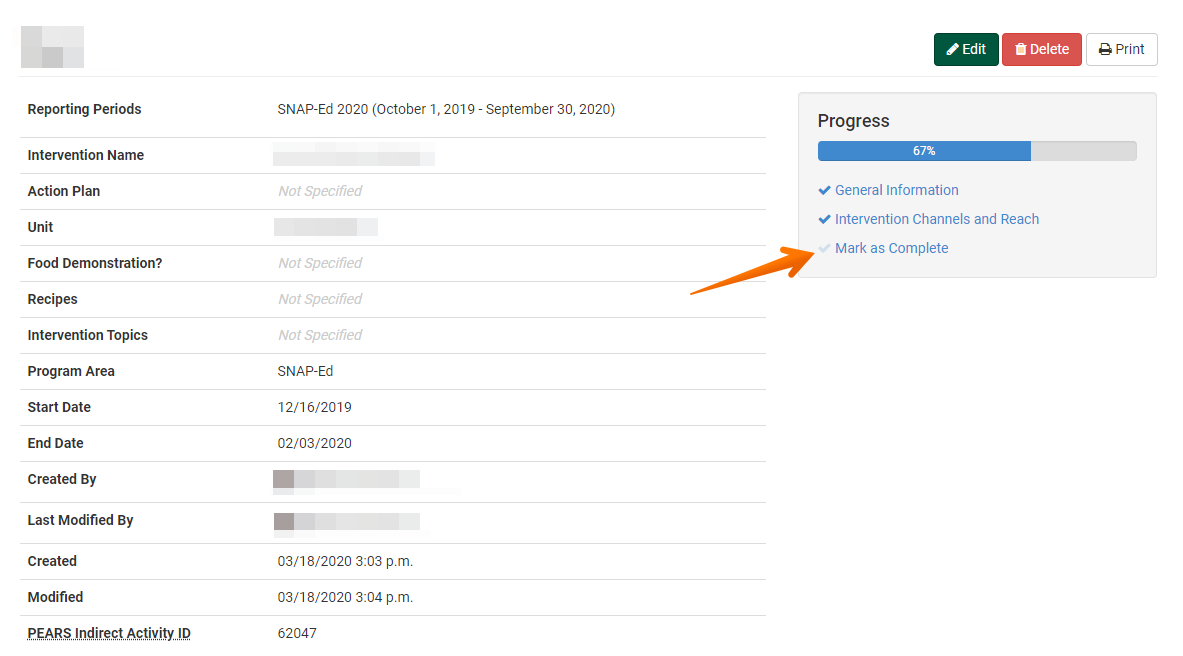 Mark an Indirect Activity as Complete – PEARS Support Documentation