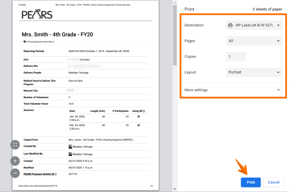 Print a Record – PEARS Support Documentation
