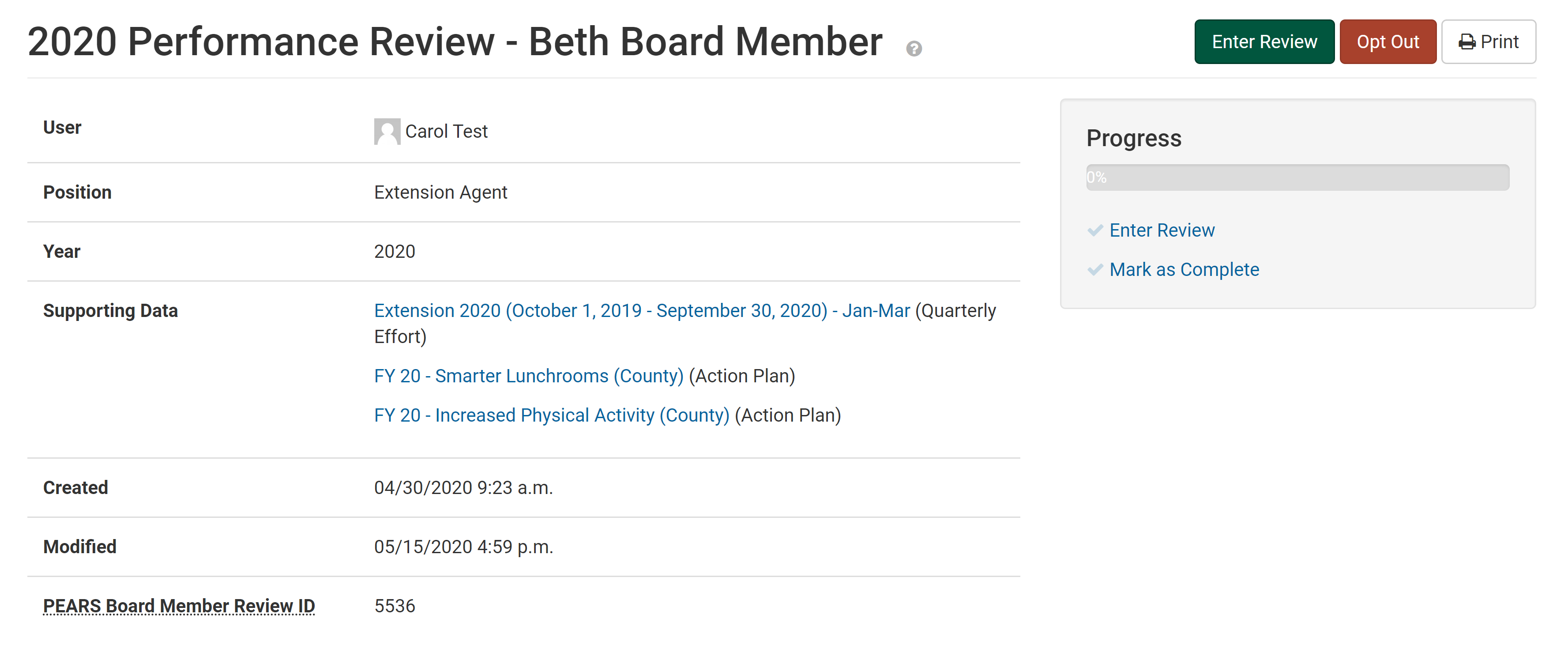 Complete a Performance Review (Board Member) – PEARS Support Documentation