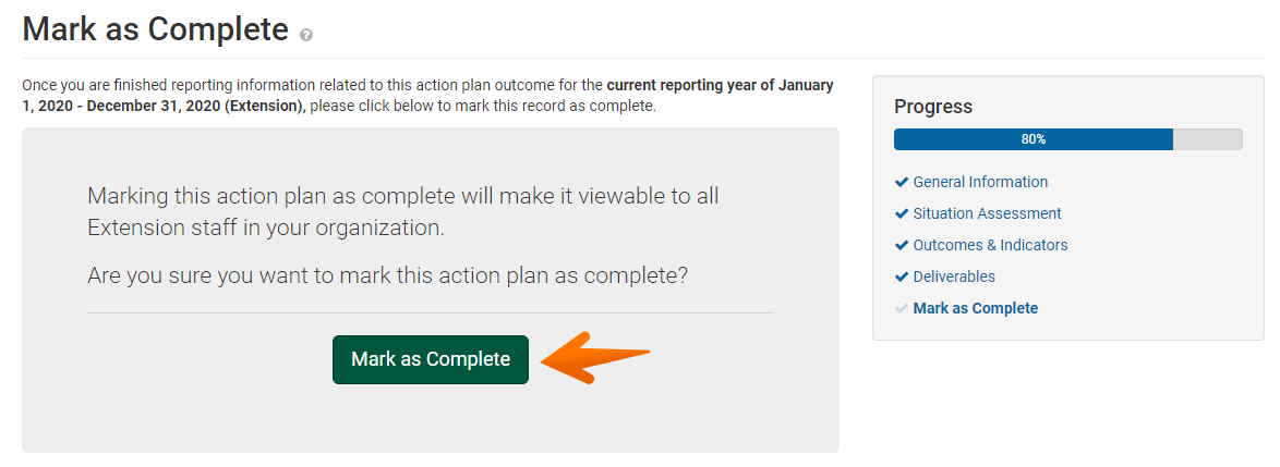 Mark an Action Plan as Complete – PEARS Support Documentation