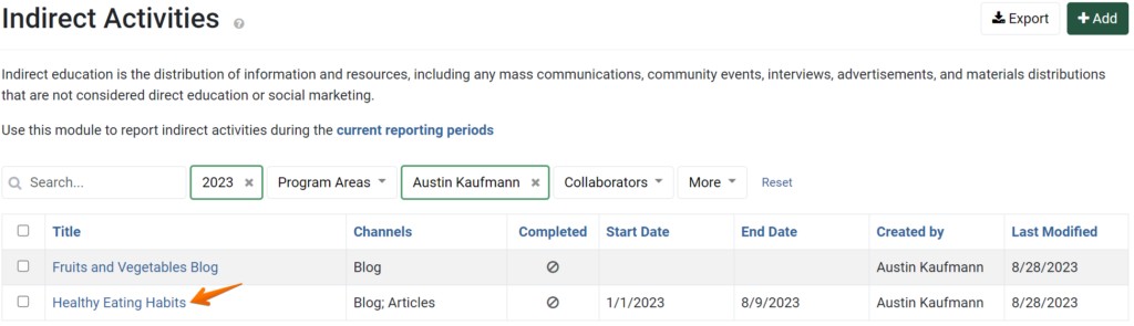 Edit an Indirect Activity – PEARS Support Documentation